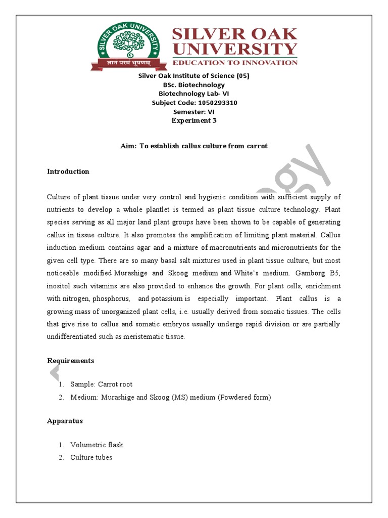 Establishing Carrot Callus Culture: An Experiment to Induce Somatic ...