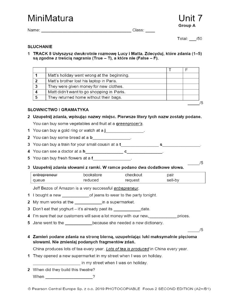 Focus 2 2ed MiniMatura Unit7 GroupA 1kol | PDF