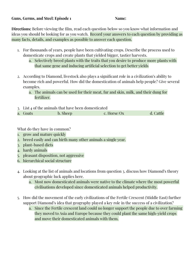 Guns Germs and Steel Video Worksheet - AP HUG | PDF | Domestication ...