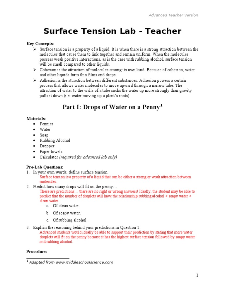 Surface Tension Lab - Teacher Version | PDF | Surface Tension ...