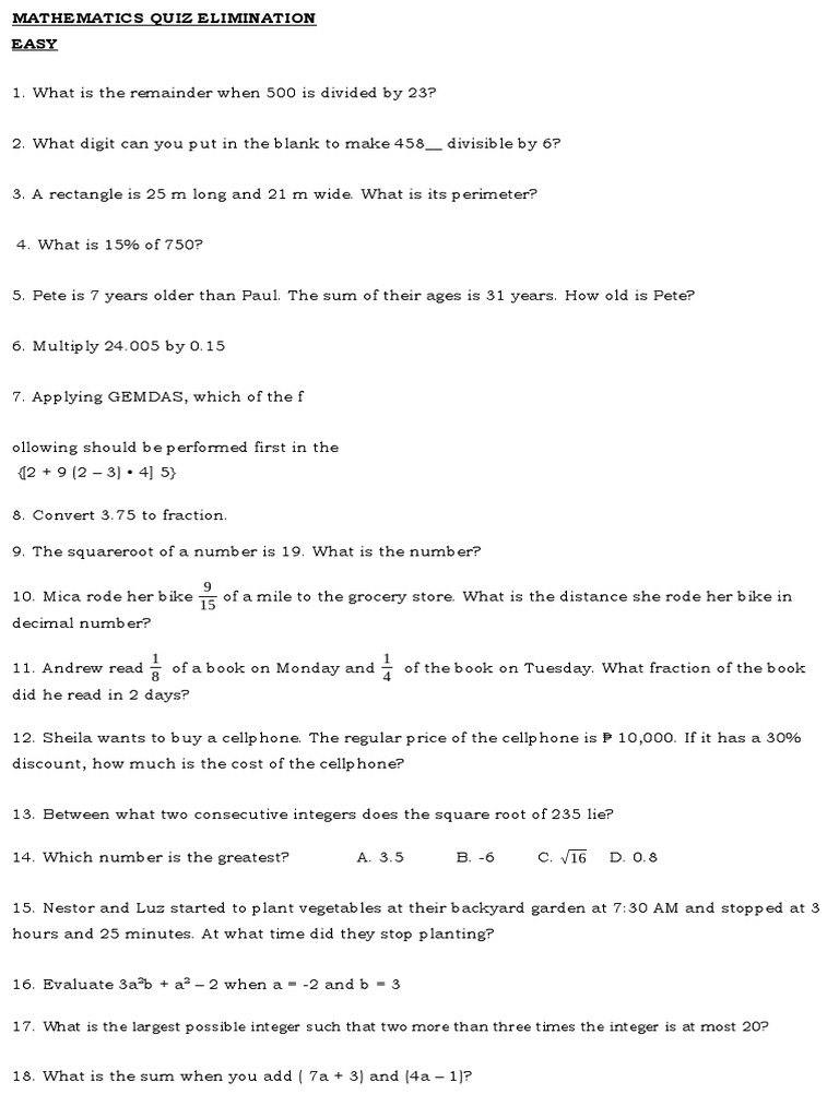 Math 7 Elimination Quiz | PDF | Mathematics | Arithmetic