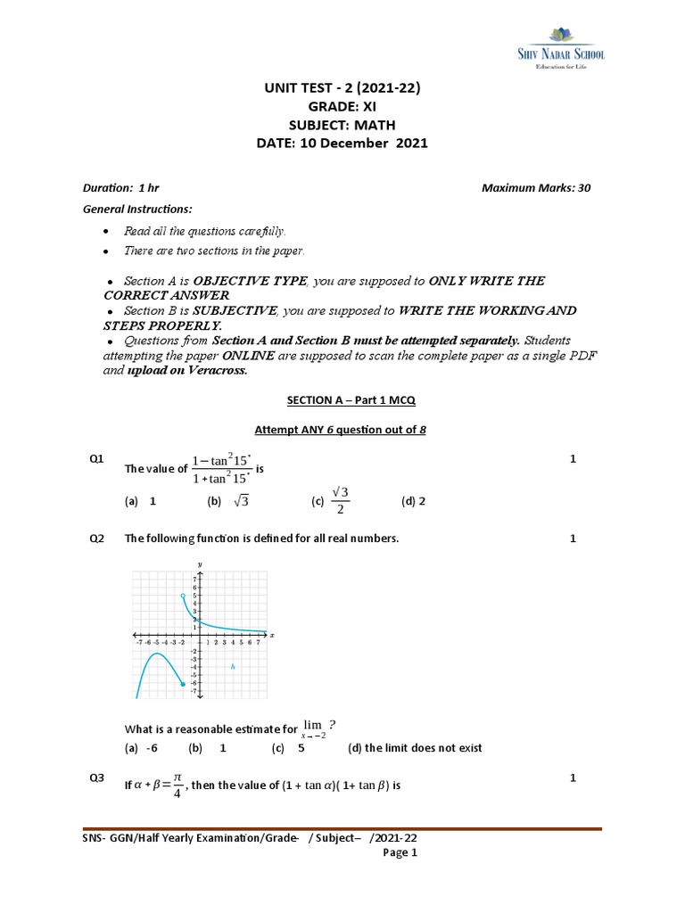 G11 Math UT2 QP Previous | PDF | Mathematical Objects | Mathematical Analysis