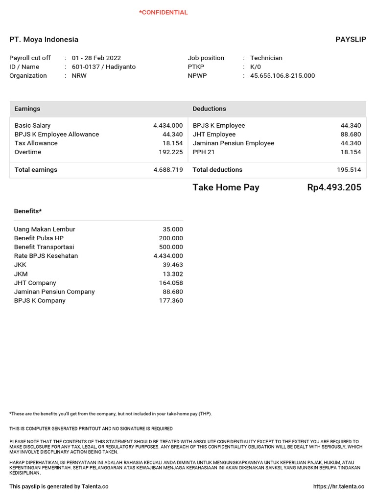 Payslip Hadiyanto - Februari 2022 | PDF | Economies | Labor Relations