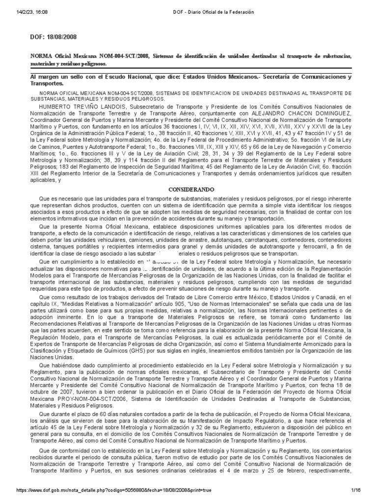 NOM-004-SCT2008, Transporte de Substancias, Materiales y Residuos Peligrosos. | PDF | México ...