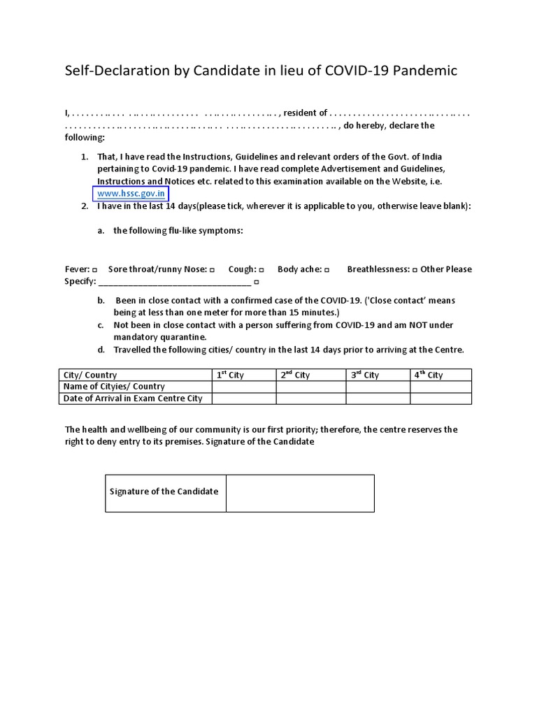 Self Declaration For HSSC Exam | PDF