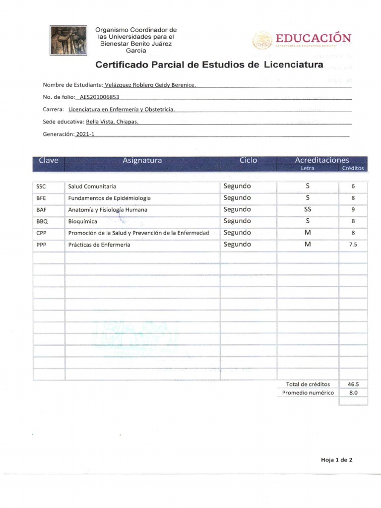 Certificado Parcial de Estudios de Licenciatura 2021-1 | PDF Certificado Parcial de Estudios de Licenciatura 2021-1 | PDF