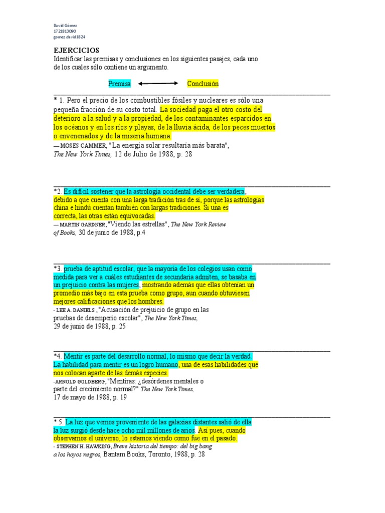 EJERCICIOS Identificar Las Premisas y Conclusiones | PDF | Razonamiento ...