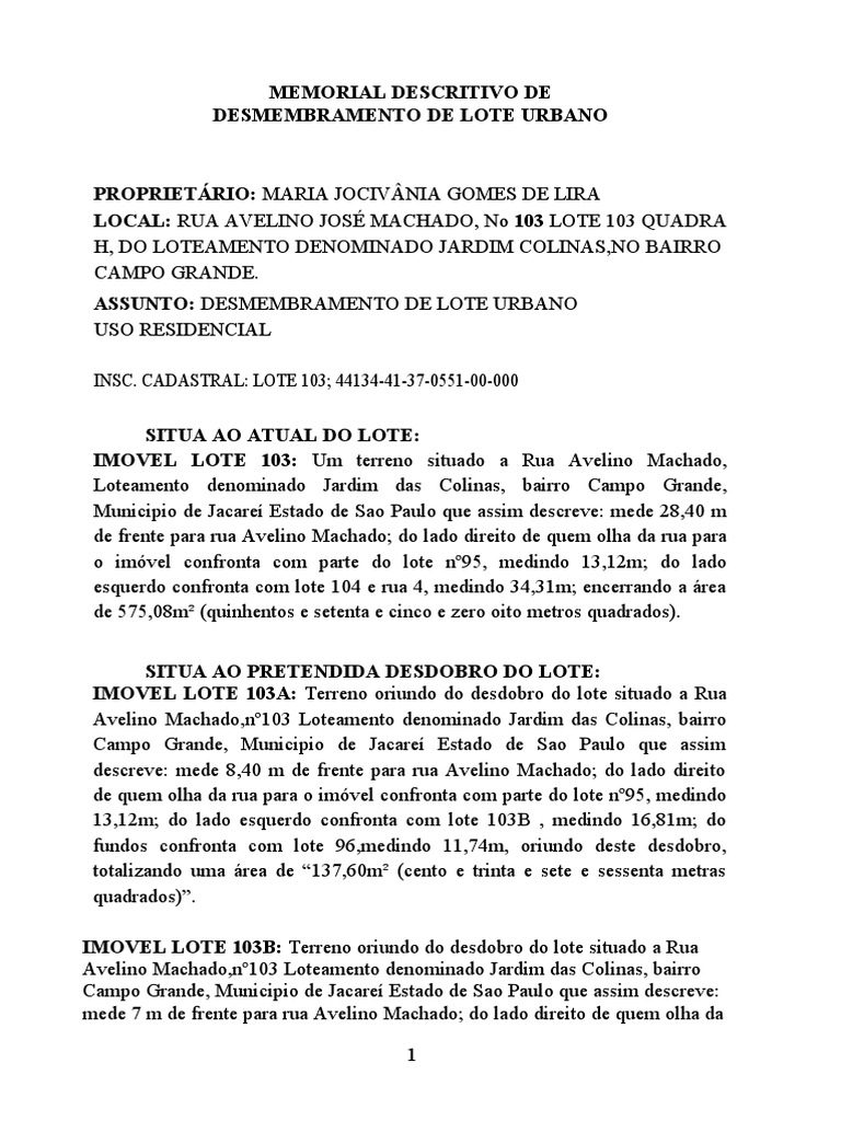 Memorial Descritivo Desmembramento de Lote Urbano Via 2 | PDF | Direito