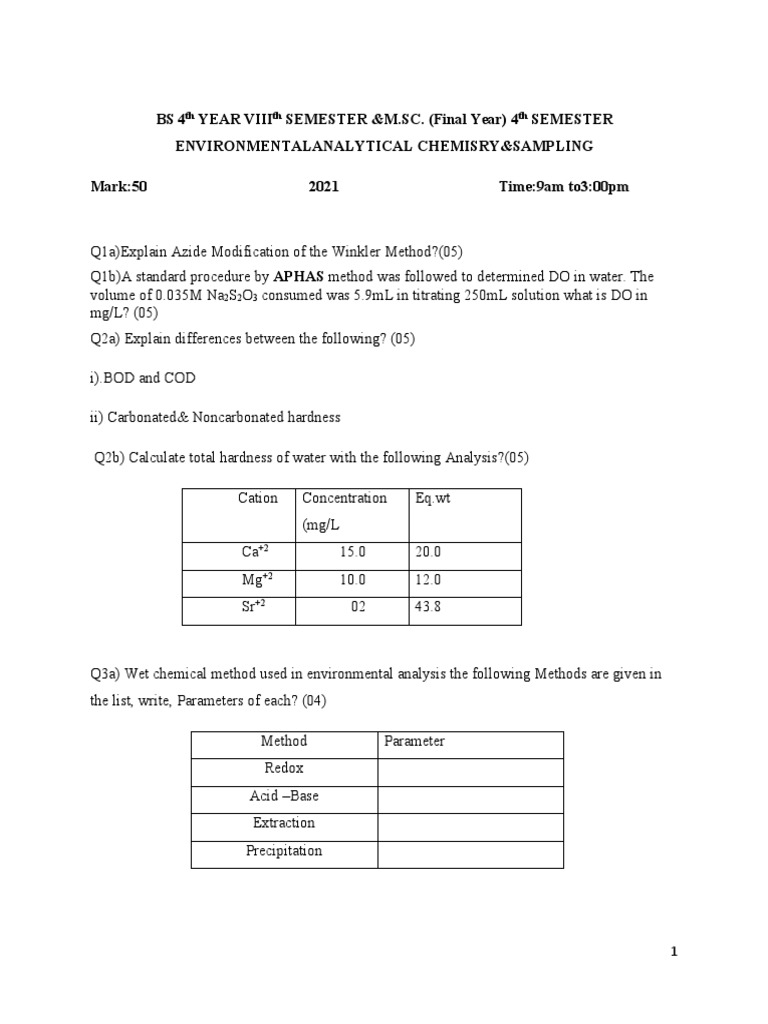 8th Seme, Analytical Environmental Analytical Chemistry &sampling Paper ...