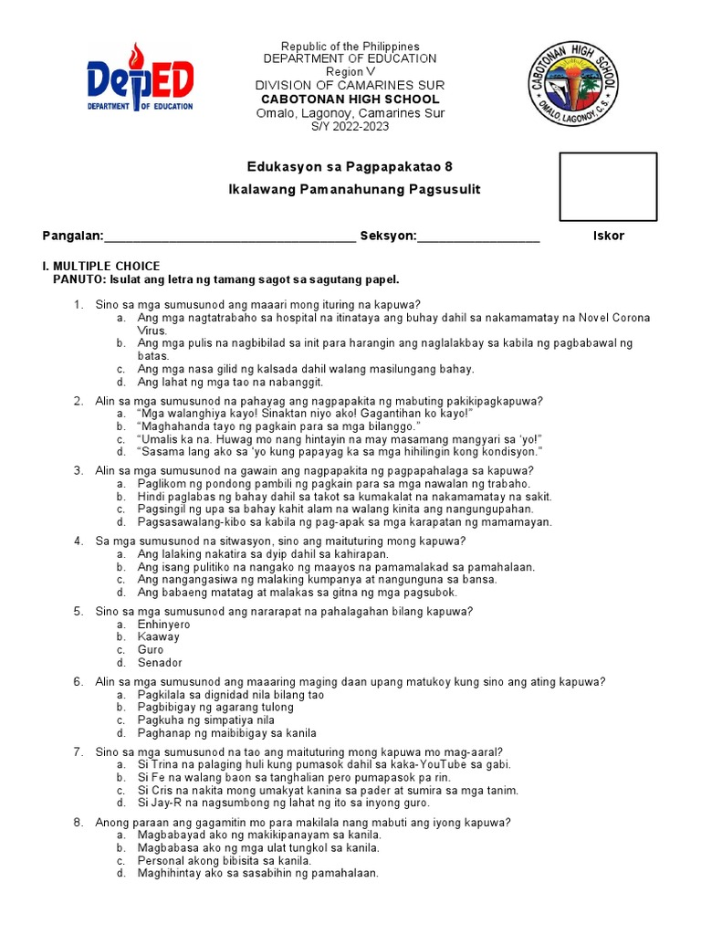 ESP8 2nd Quarter Exam | PDF