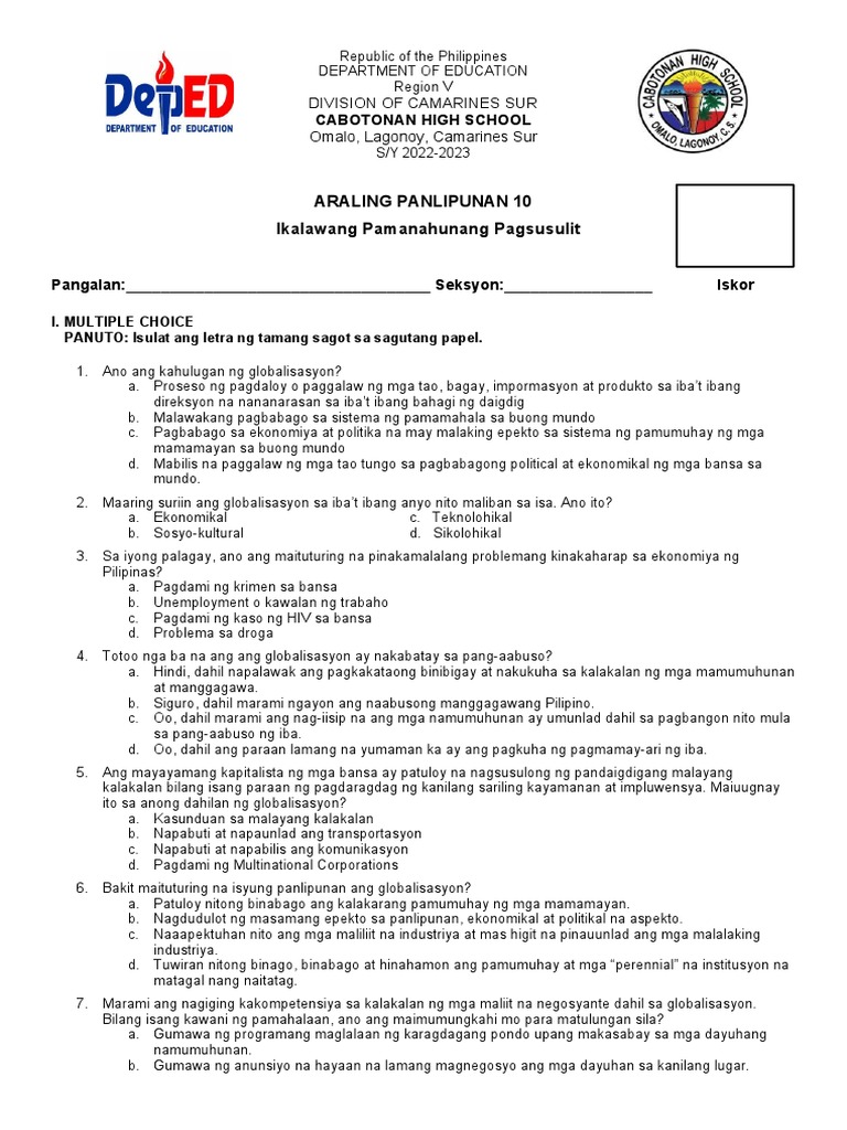 AP10 2nd Quarter Exam | PDF