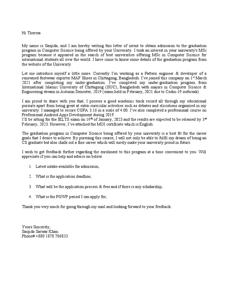 Letter of Intent | PDF | Career & Growth