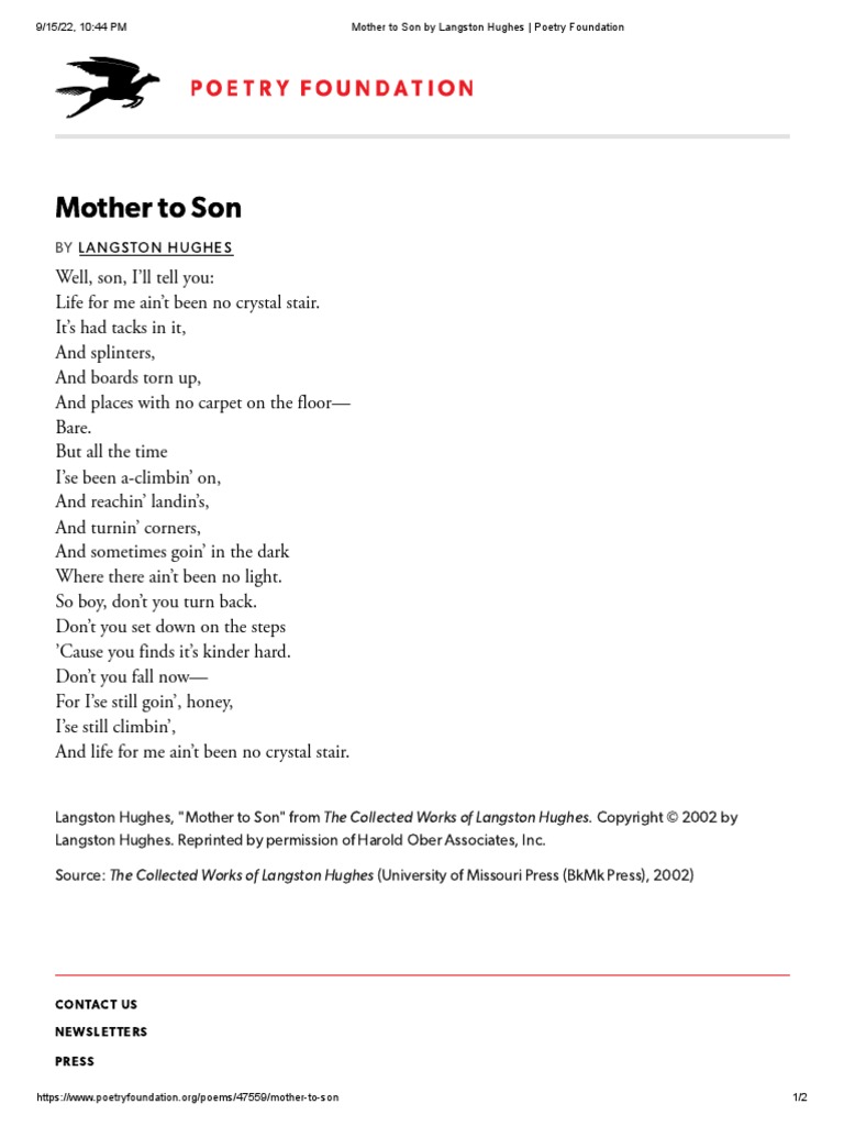 Mother To Son by Langston Hughes - Poetry Foundation | PDF