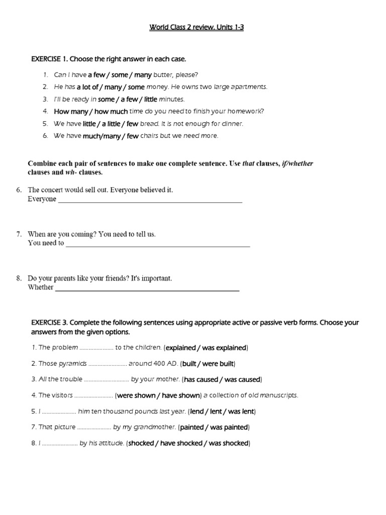 World Class 2 Units 1-3 Review | PDF