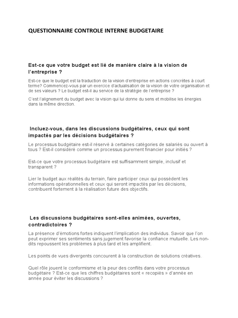 Questionnaire Controle Interne Budgetaire | PDF | Budget | Business