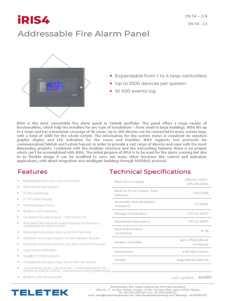 Teletek iRIS4 Fire Alarm Panel Overview | PDF | Telecommunications ...