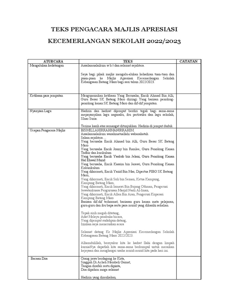 Teks Pengacara Majlis Apresiasi Sekolah | PDF