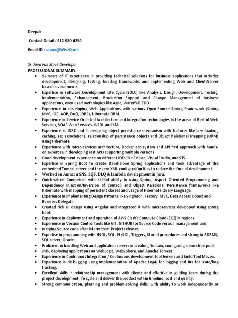 Deepak - Sr. Java Full Stack Developer | Download Free PDF | Spring Framework | Web Service