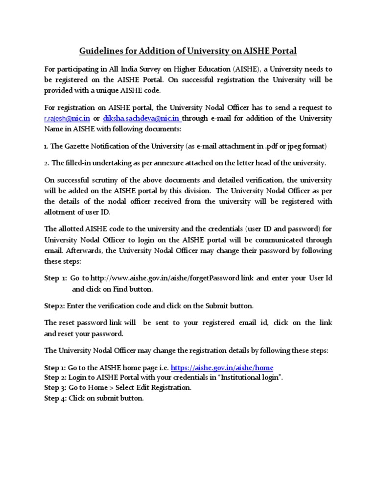 Guidelines For Addition of University On AISHE Portal | PDF | Password | Telecommunications