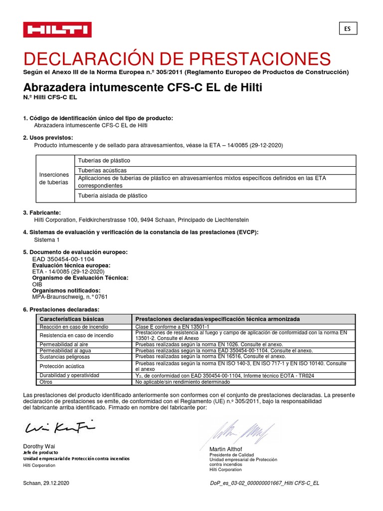 Declaration of Performance CFS 0843 CPR 0154 ES Declaration of ...