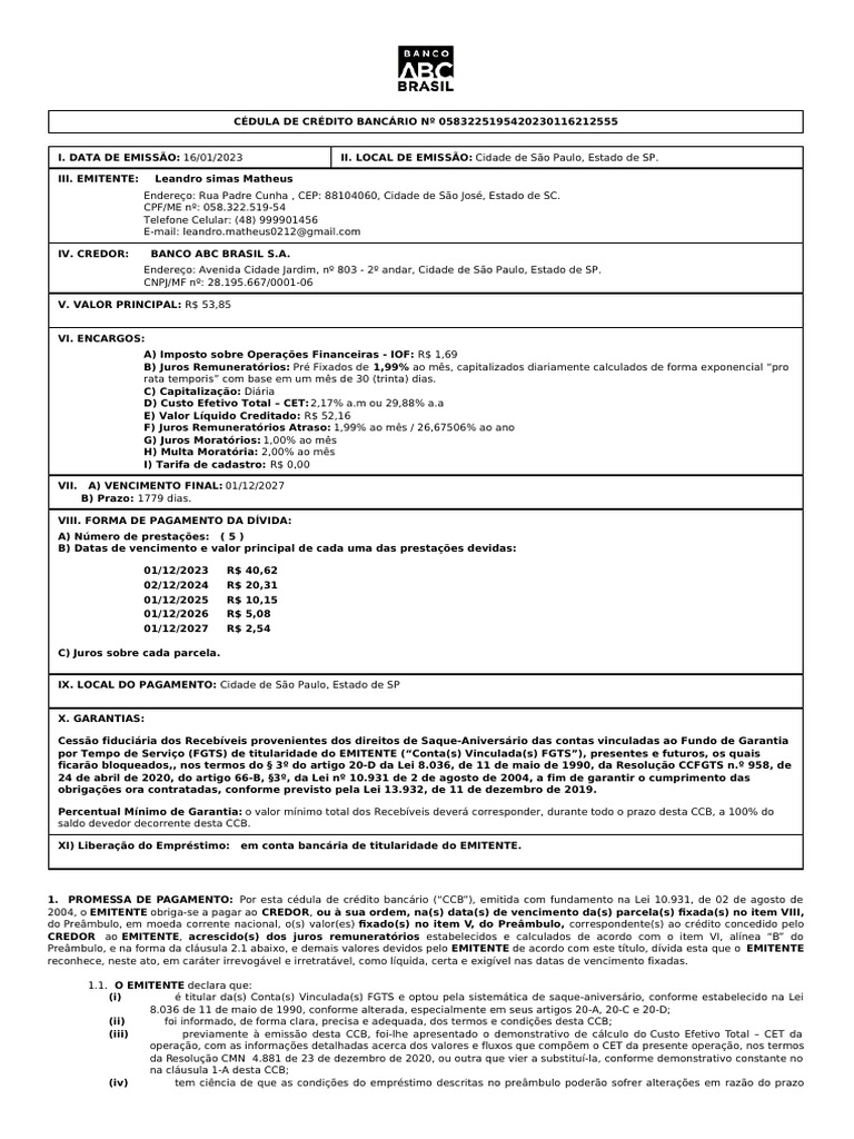 Contrato CCB 230118 090833 | PDF | Crédito | Finanças e Administração ...