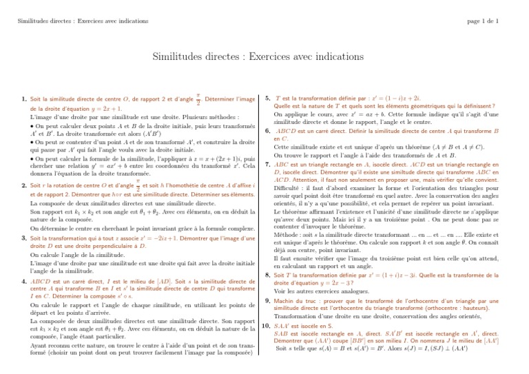 Exercices sur les Similitudes Directes | PDF | Triangle | Mathématiques ...