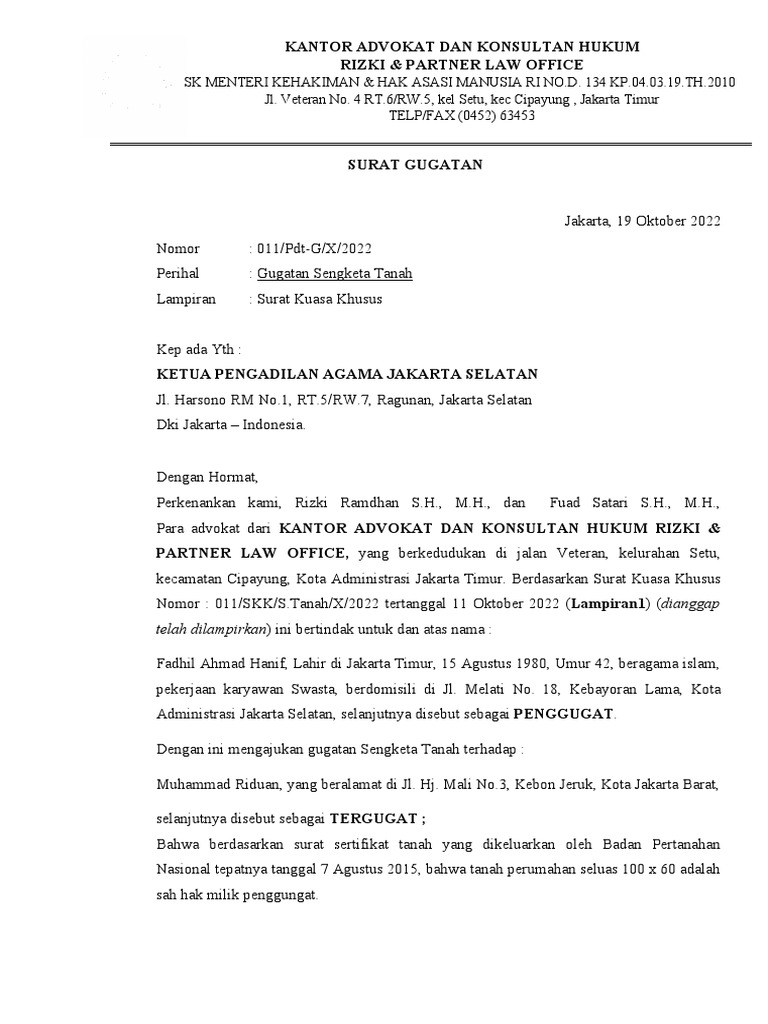Surat Gugatan Sengketa Tanah. | PDF