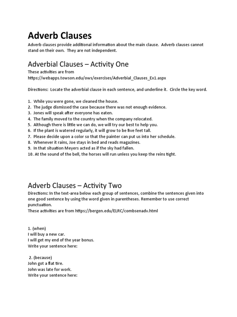 Adverb Clauses Practice Exercises | PDF | Adverb | Language Mechanics