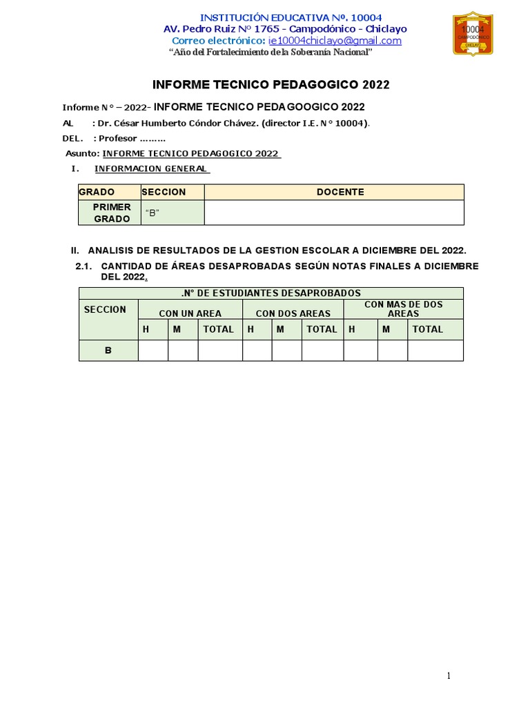 1° - B - Informe Tecnico Pedagogico 2022 | PDF | Pedagogía | Maestros