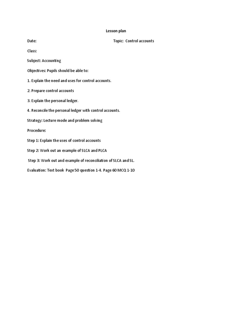 Control Accounts Lesson Plan | PDF