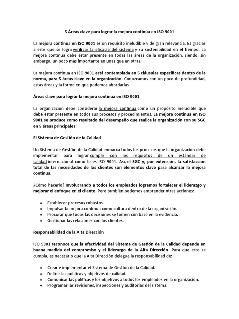 5 Áreas Clave para Lograr La Mejora Continúa en ISO 9001 | PDF ...