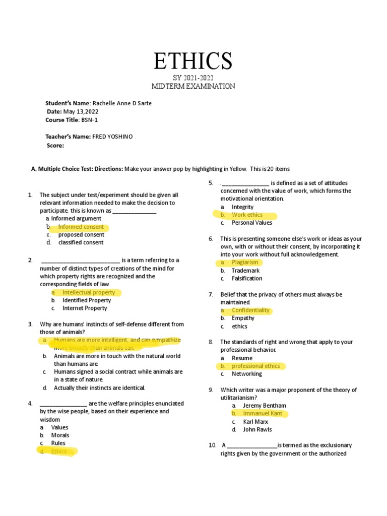 - ETHICS EXAM | PDF | Utilitarianism | Risk