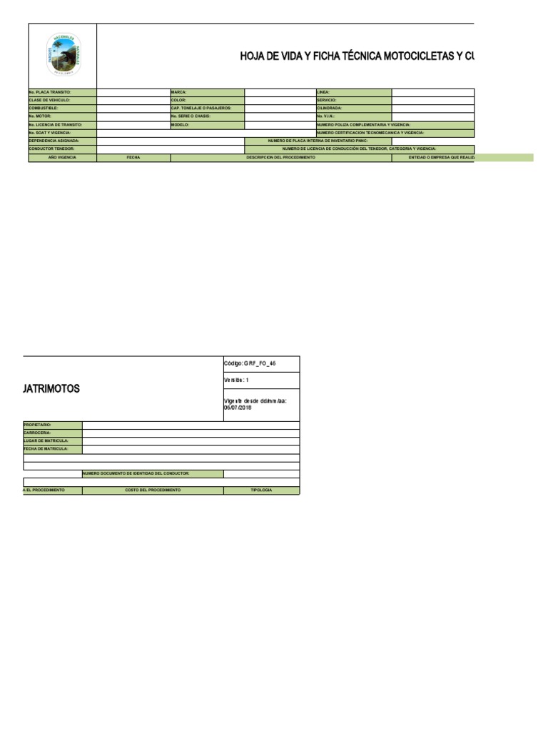 Formato Hoja de Vida y Ficha Tecnica Motocicletas y Cuatrimotos | PDF | Placa de matrícula del ...