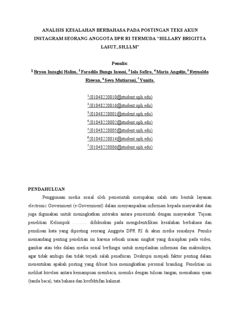 Kesalahan Bahasa di Instagram Hillary Lasut | PDF | Ilmu Sosial