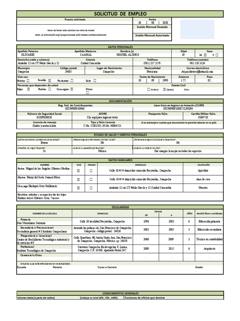Formato de Solicitud de Empleo Word 1 | PDF
