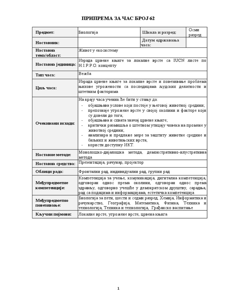 62 Vezba Izrada Crvene Knjige Za Lokalne Vrste Sa IUCN Liste Po HIPPO ...