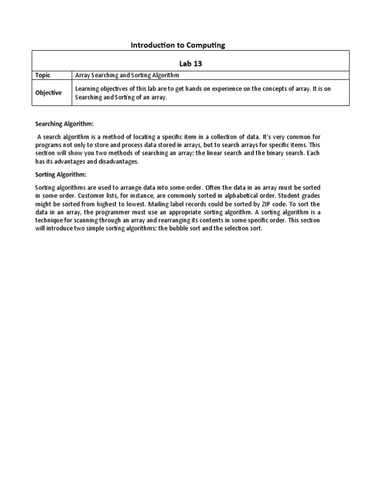 Lab 12 Int Array Searching and Sorting | PDF | Computer Program | Programming