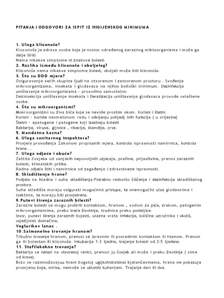 Pitanja I Odgovori Za Ispit Iz Higijenskog Minimuma | PDF