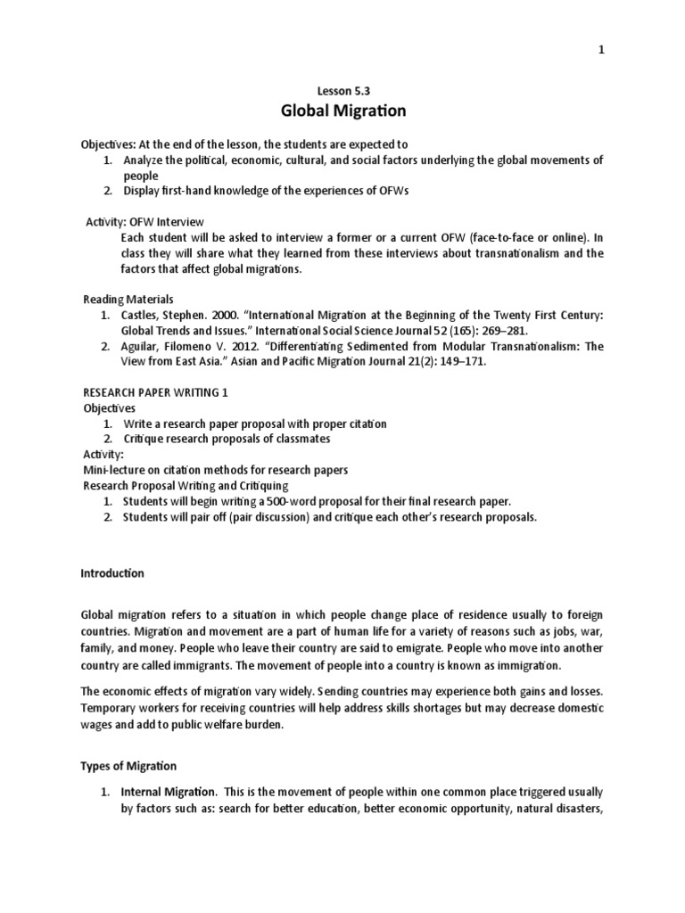 Lesson 5.3 Global Migration | PDF | Human Migration | Immigration