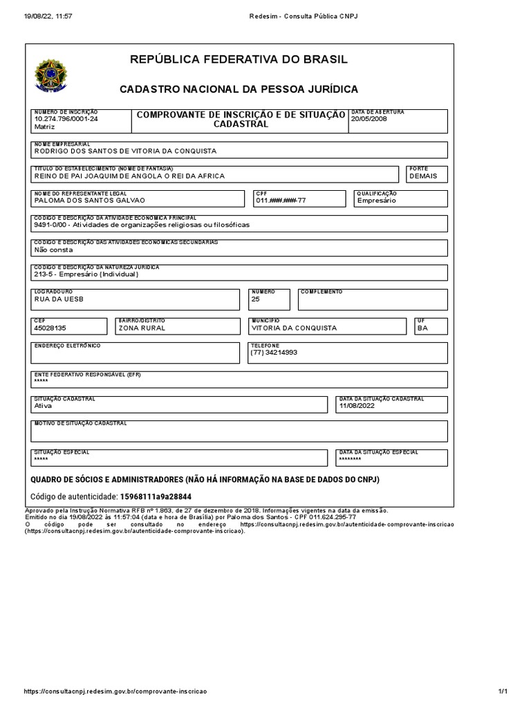 Cartão CNPJ Redesim 2 | PDF | Brasil