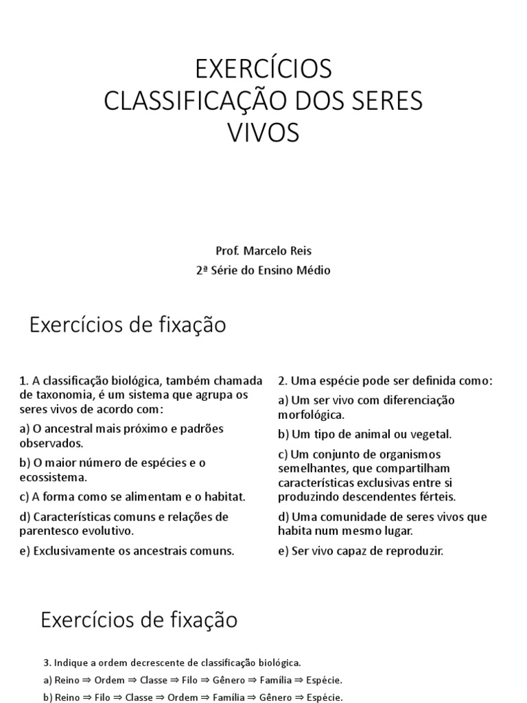 01.1 - Exercícios Classificação Dos Seres Vivos | PDF | Plantas | Espécies