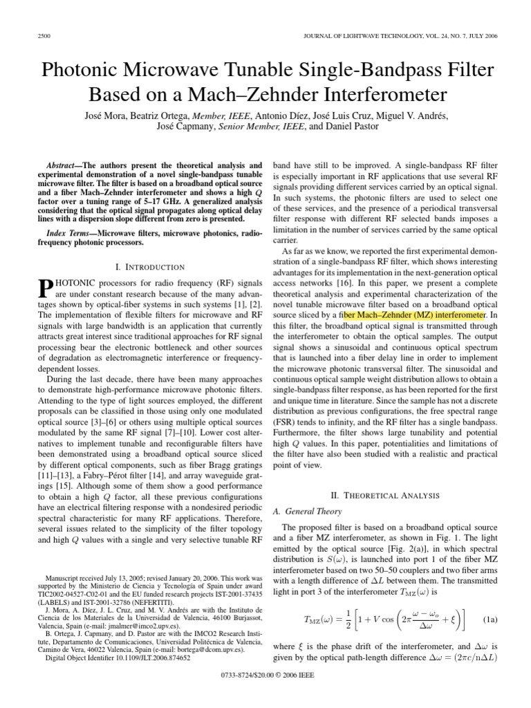 Photonic Microwave Tunable Single-Bandpass Filter Based On A Mach-Zehnder Interferometer ...