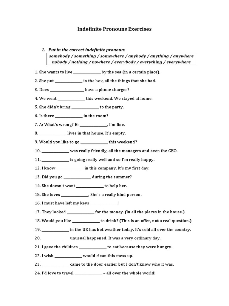 Indefinite Pronouns Exercises | PDF