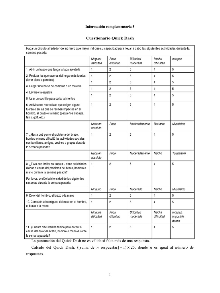 Cuestionario Quick Dash: Evaluación de Dificultades | PDF | Deportes