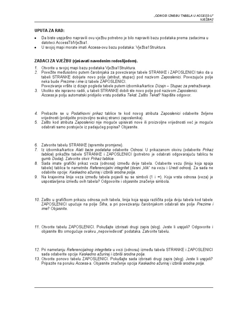Access Odnosi Vjezba 2 | PDF
