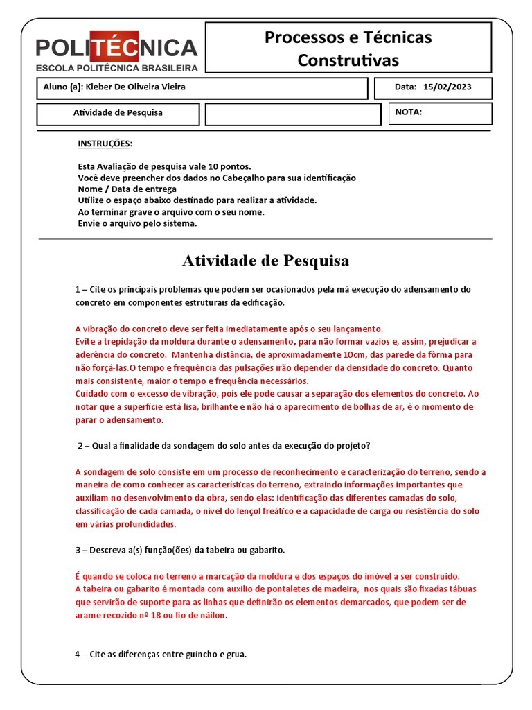 Atividade de Pesquisa (Processos e Técnicas Construtivas) | PDF | Solo | Pesquisa de opinião
