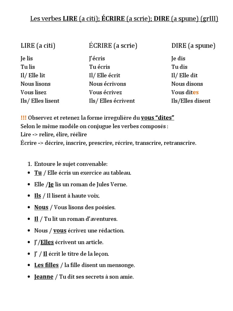 Les Verbes LIRE, ECRIRE, DIRE | PDF | Arts du langage et discipline