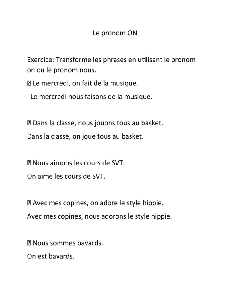 Exercices sur le pronom "on" | PDF