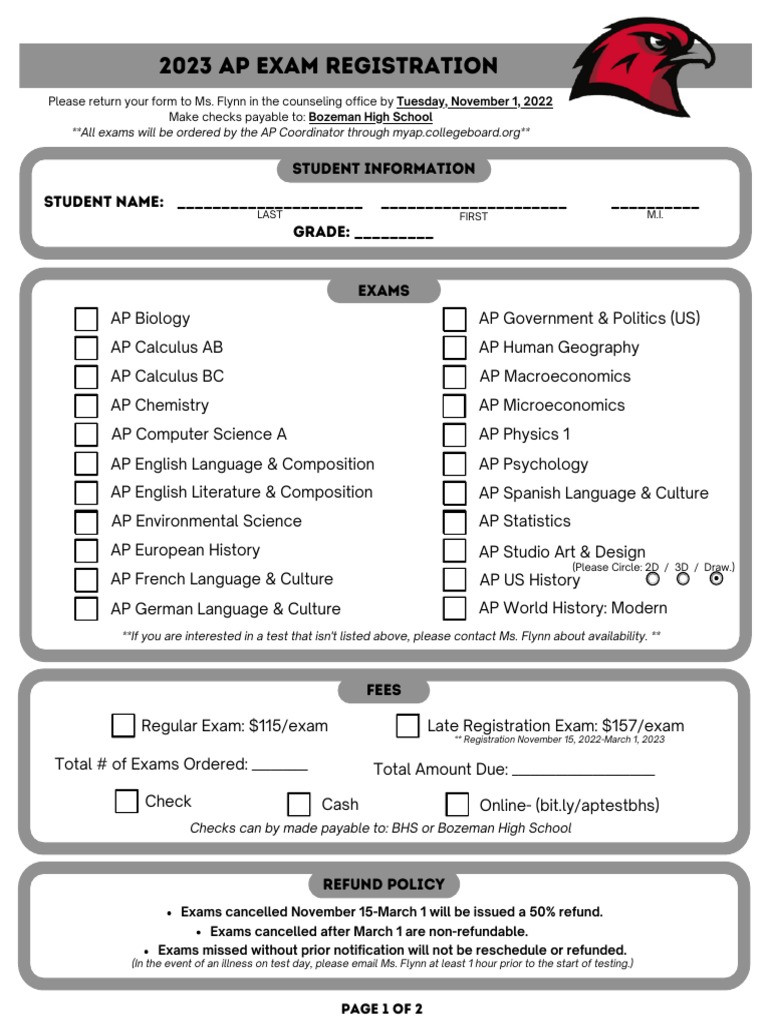 Fillable-2023 Ap Exam Registration - Bhs | Download Free PDF | Advanced Placement | Educational ...