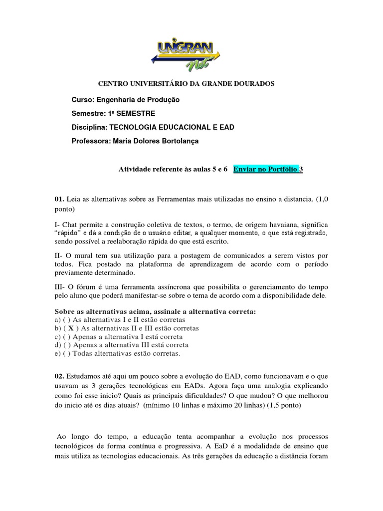 Atividades Aulas 5 E 6 Curso De Engenharia De Produção Pdf